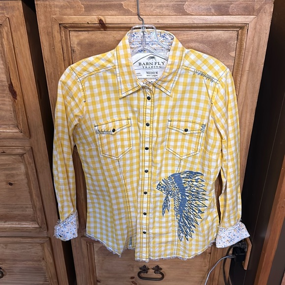 Barn Fly Trading | Tops | Barn Fly Trading Yellow Checkered Print Snap ...